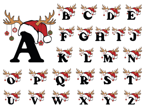 Christmas alphabets bundle, A-Z letters with Santa hat and reindeer ...
